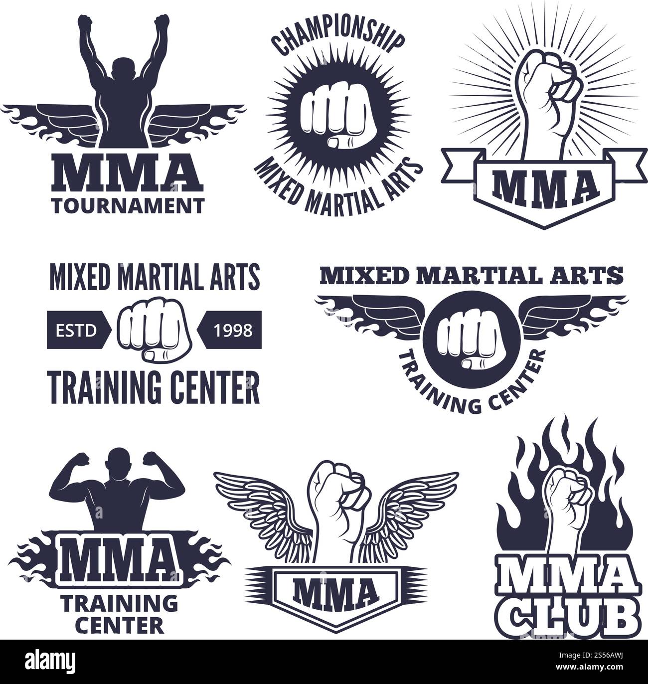 Monochrome sport labels for mma fighters. Vector boxing fight emblem ...