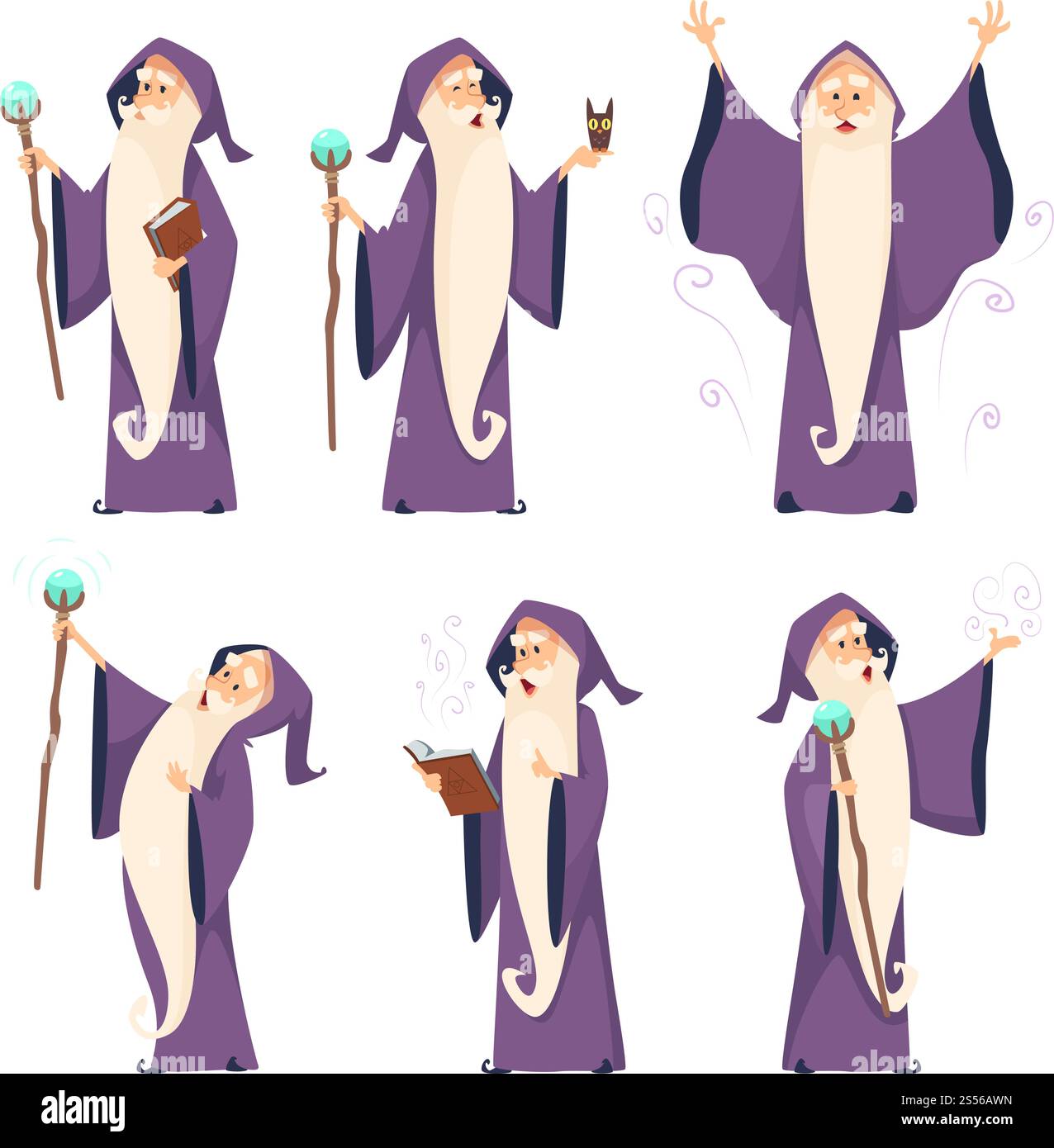 Cartoon wizard character in various poses. Magician sorcerer with wand ...