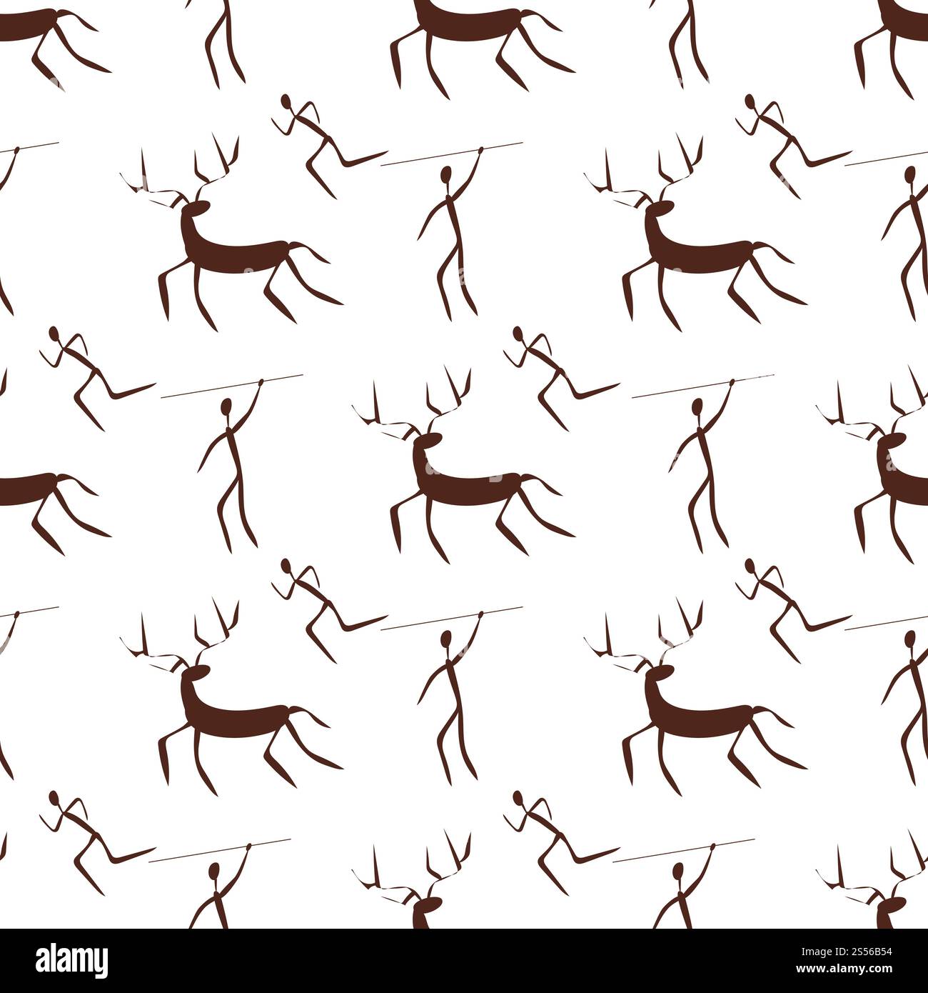 Stone age primitive painting seamless pattern background man and deer ...
