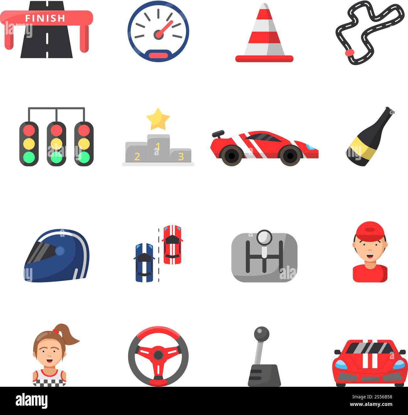 Flat icon set of formula 1 cars and racing symbols. Championship trophy ...