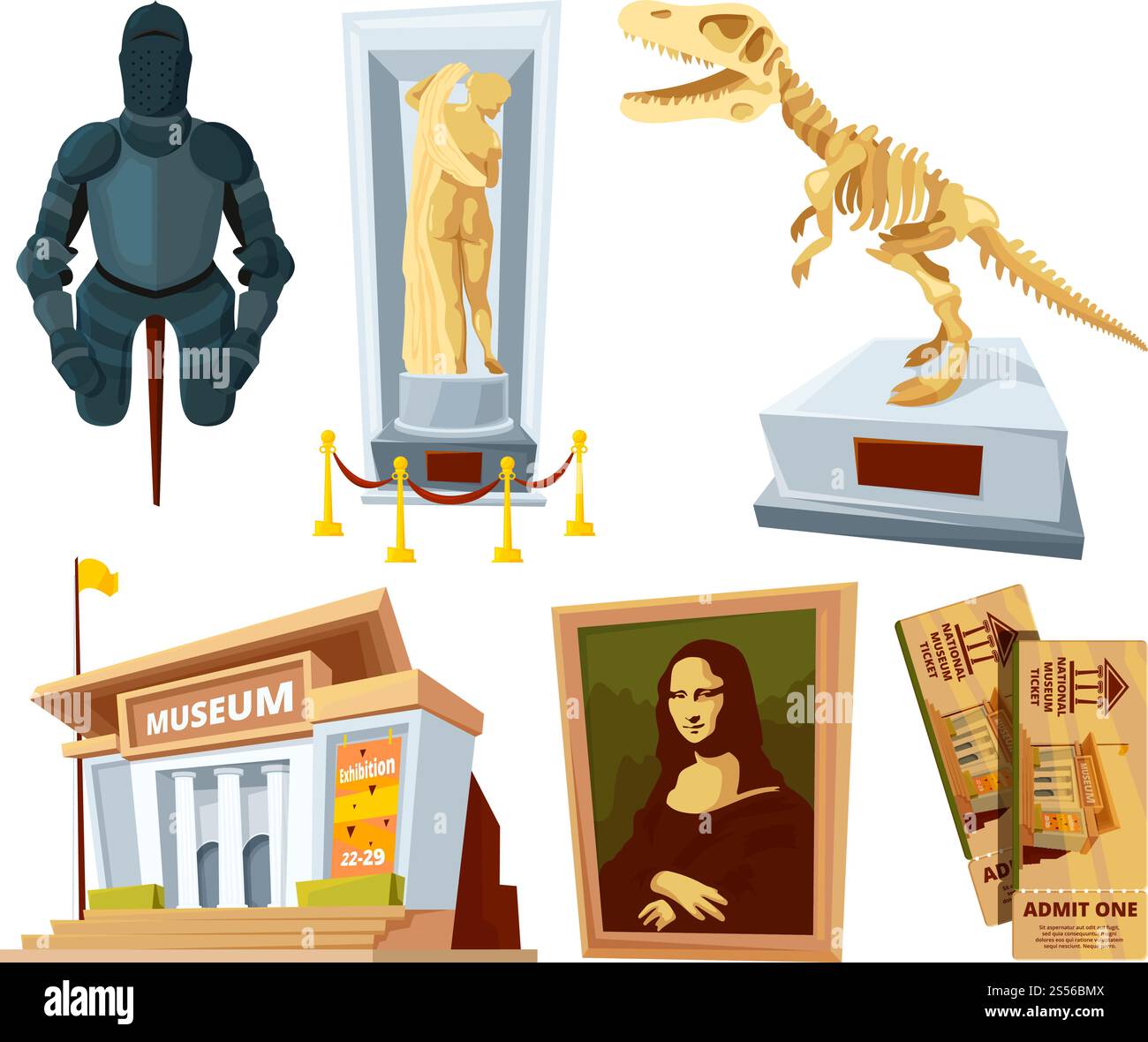 Set cartoon pictures of museum with exhibit pod and tools of various historical periods ...