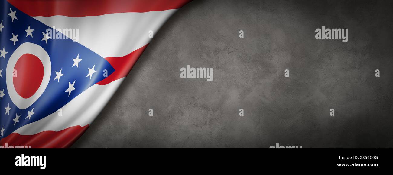 Ohio flag on concrete wall banner, USA. 3D illustration. Ohio flag on ...
