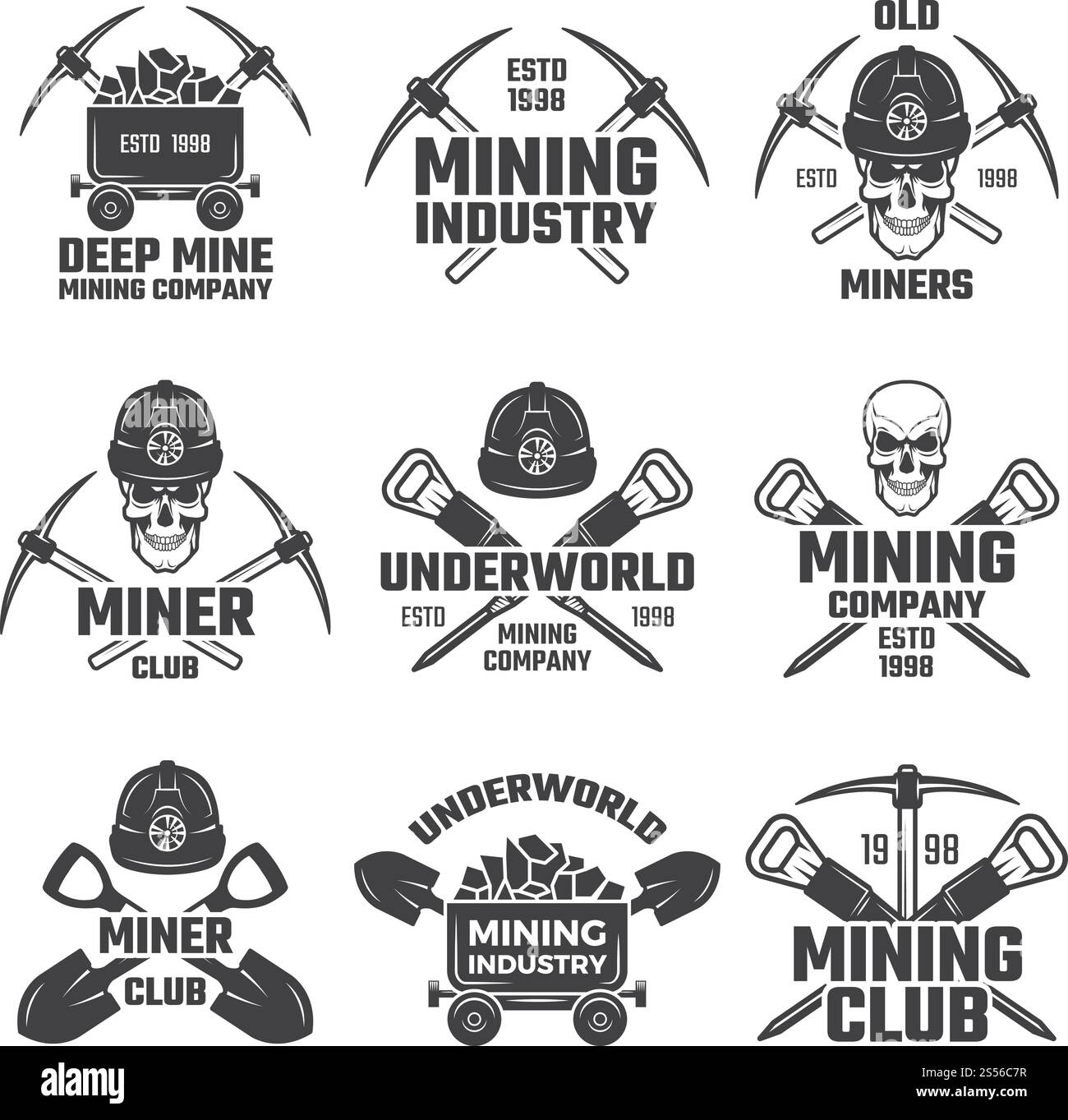Industrial gold and various mineral mining. Black labels vector set ...