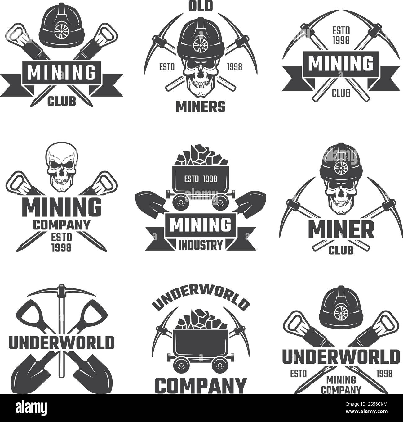 Mineral and gold mining. Vector emblems mine industrial of set ...