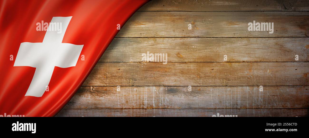 Switzerland flag on vintage wood wall. Horizontal panoramic banner ...