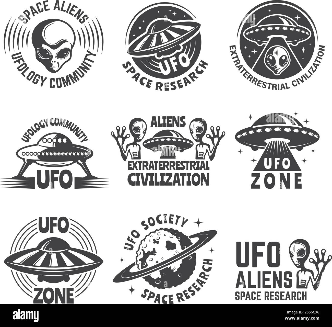 Monochrome labels or badges with pictures of aliens, ufo and space ...