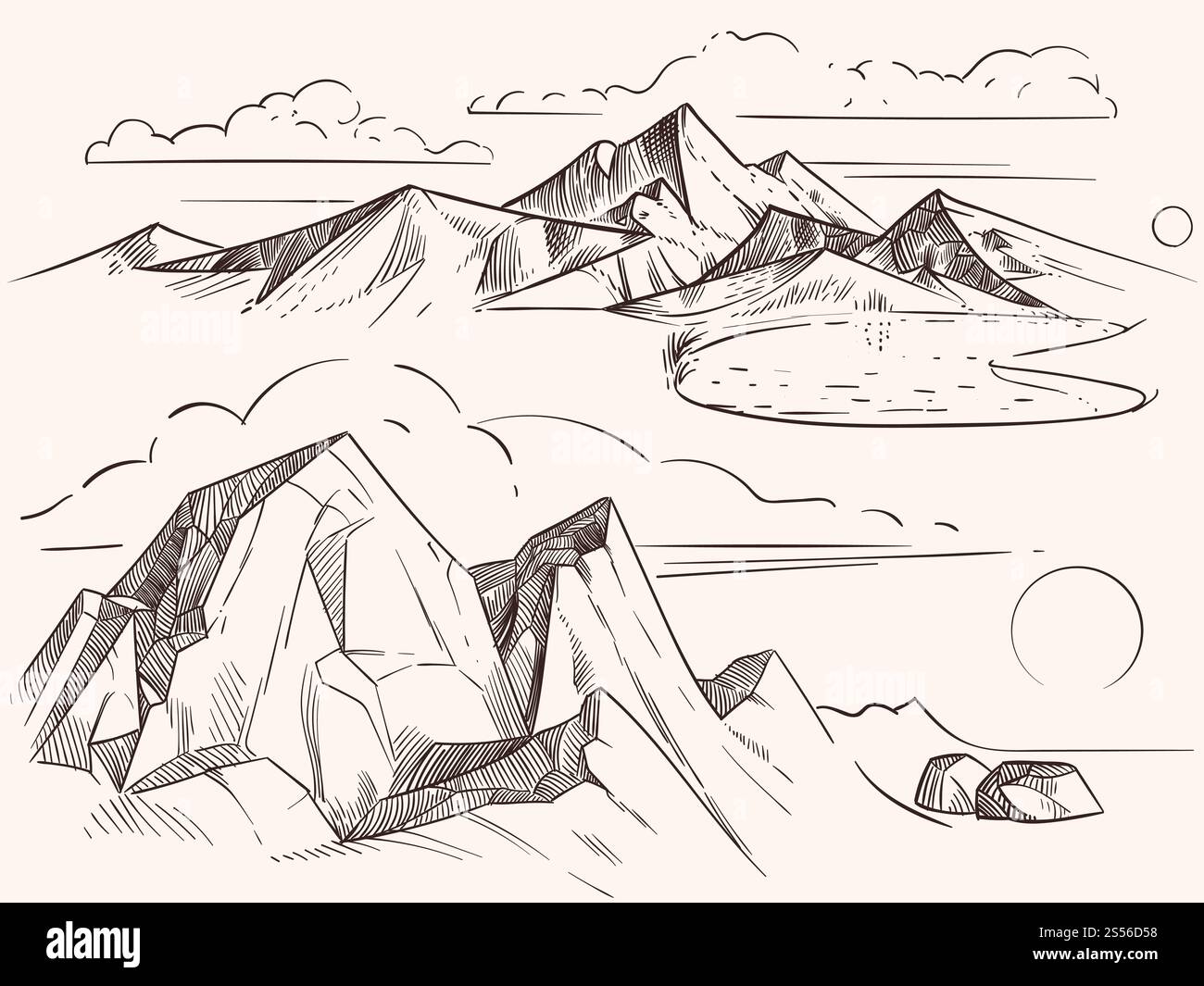 Hand drawing sketched mountain landscapes with lake, stones, clounds ...
