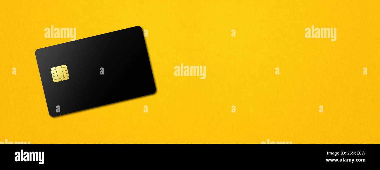 Black credit card template on yellow background banner. 3D illustration ...