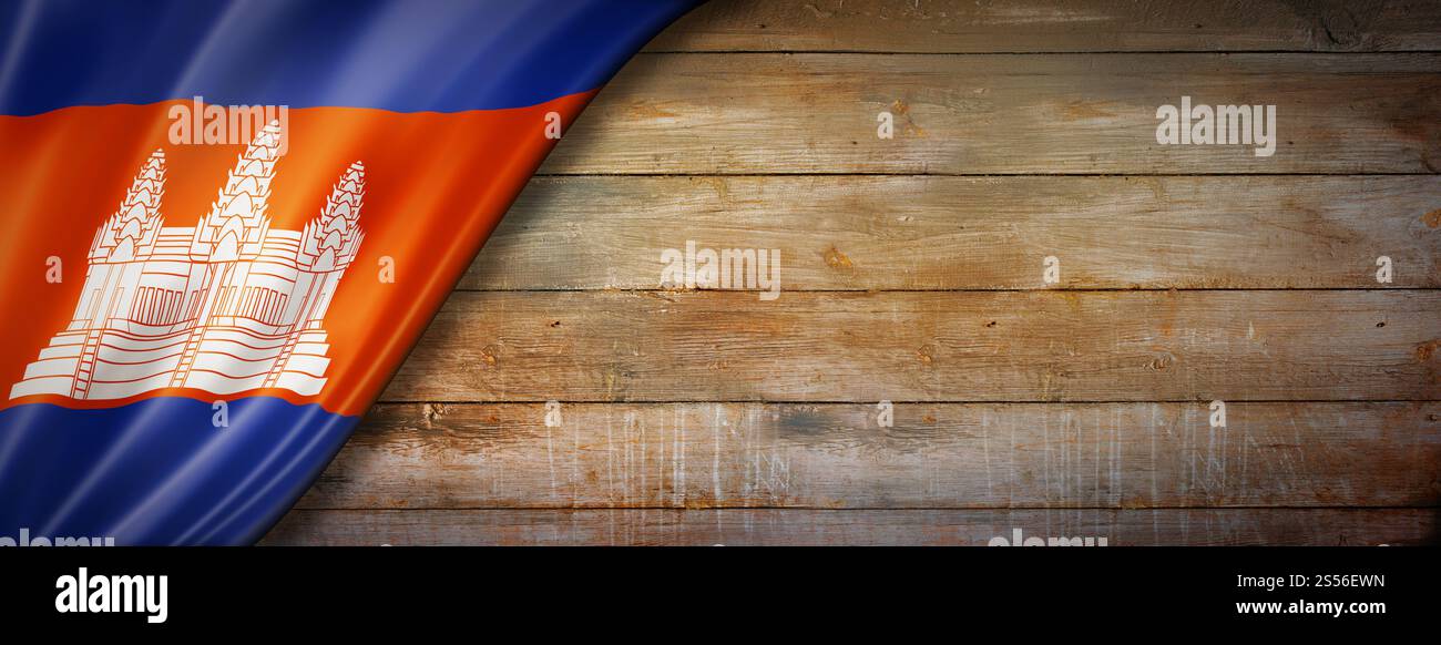 Cambodia flag on vintage wood wall. Horizontal panoramic banner ...