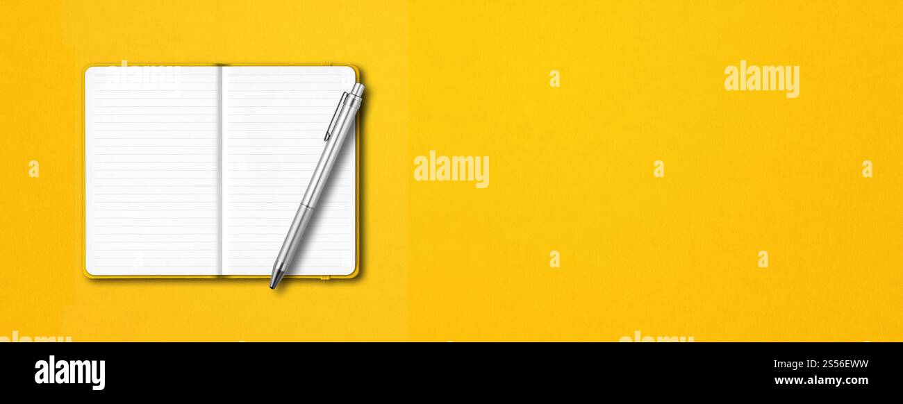 Yellow open lined notebook mockup with a pen isolated on colorful ...