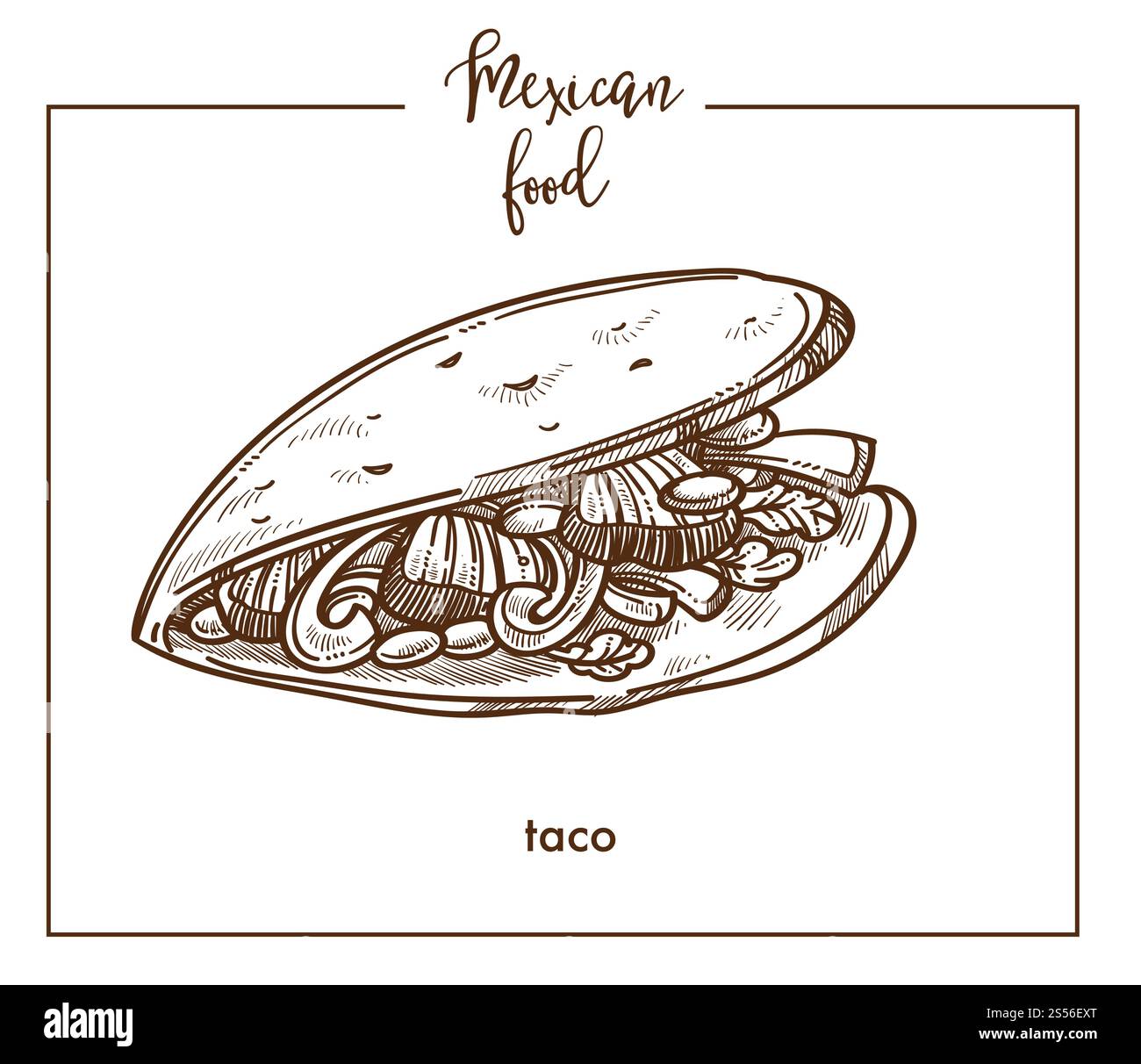 Taco sketch icon for Mexican food cuisine menu design. Vector sketch of ...