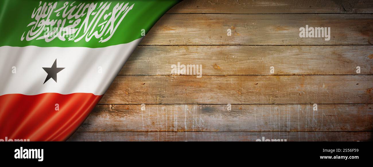 Somaliland flag on vintage wood wall. Horizontal panoramic banner. Somaliland flag on vintage ...