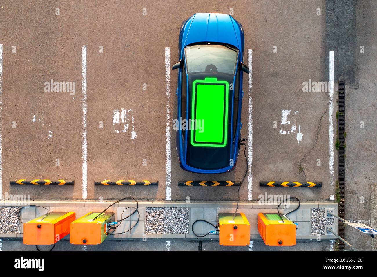 Electric car of blue color receives electricity for proper work of ...