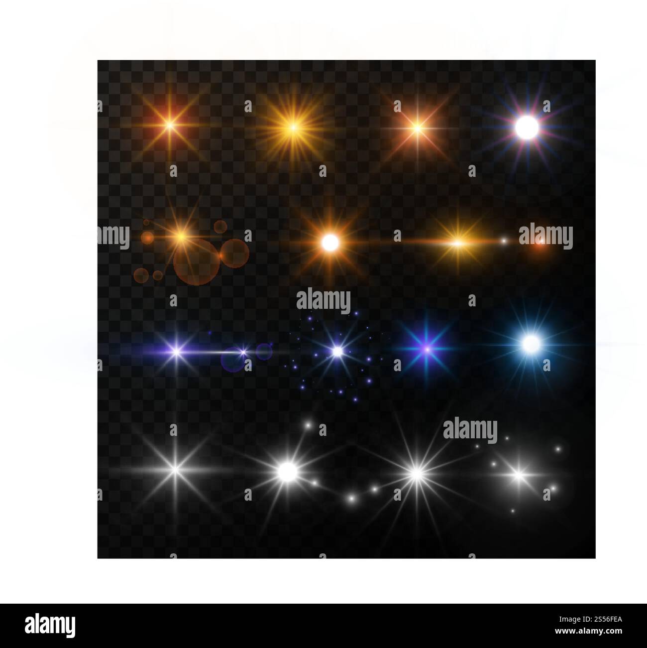 Light and stars shine golden white or blue neon lens flare effect. Vector isolated set of ...