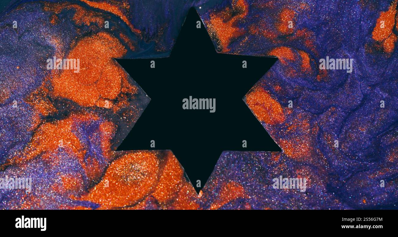 Star ink liquid. Shimmering flow. Defocused golden purple multicolor ...