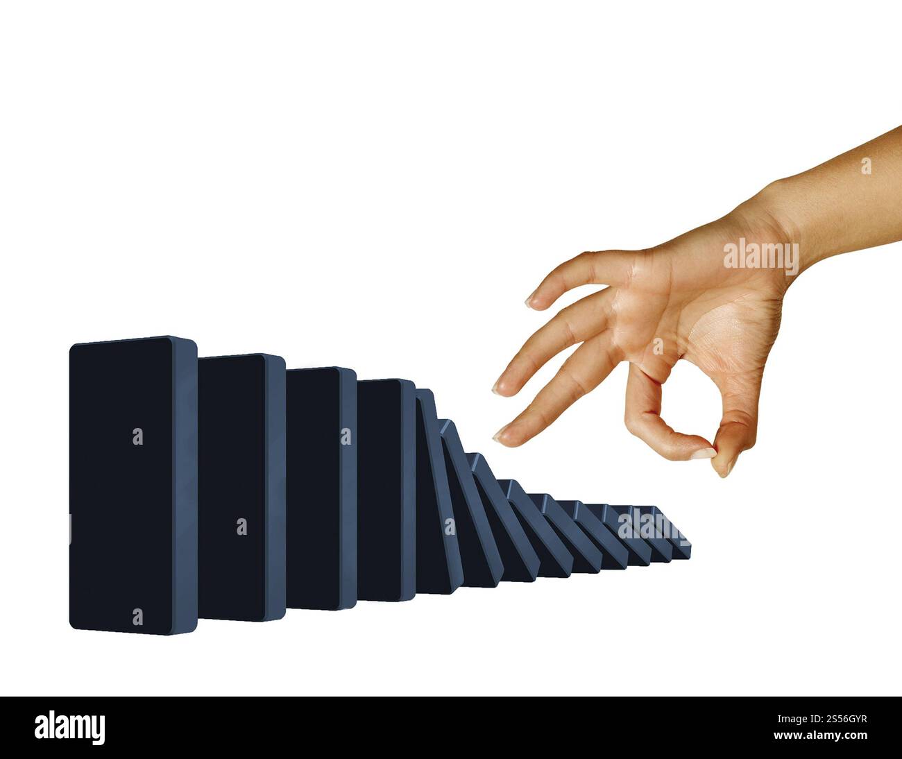 Hand toppling dominoes isolated on white background. Hand toppling ...