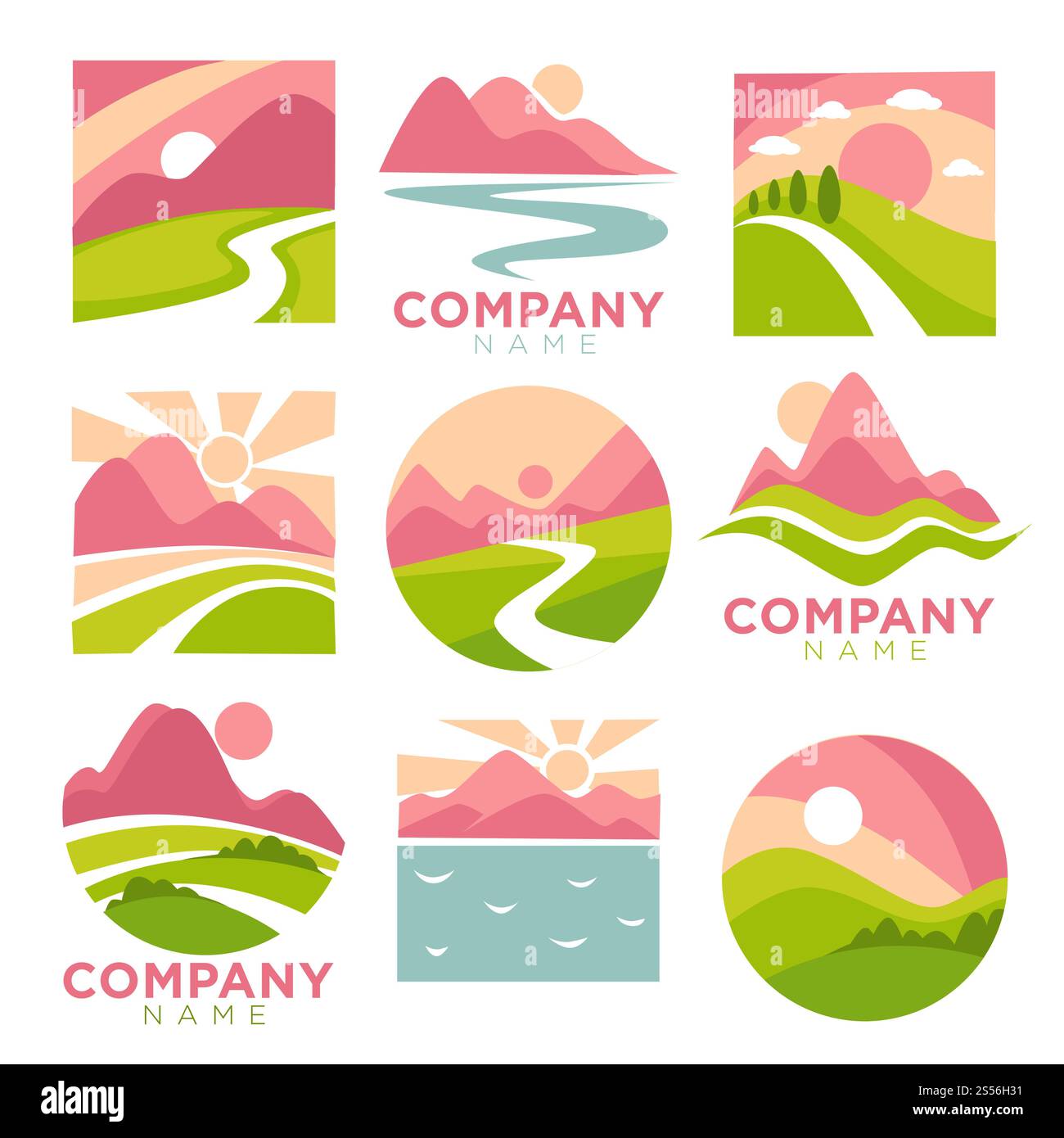 Company promotional logotypes set with landscapes and sunset. High ...