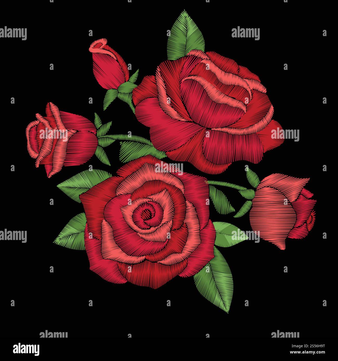 Embroidery floral design template with picture of red roses. Flower ...
