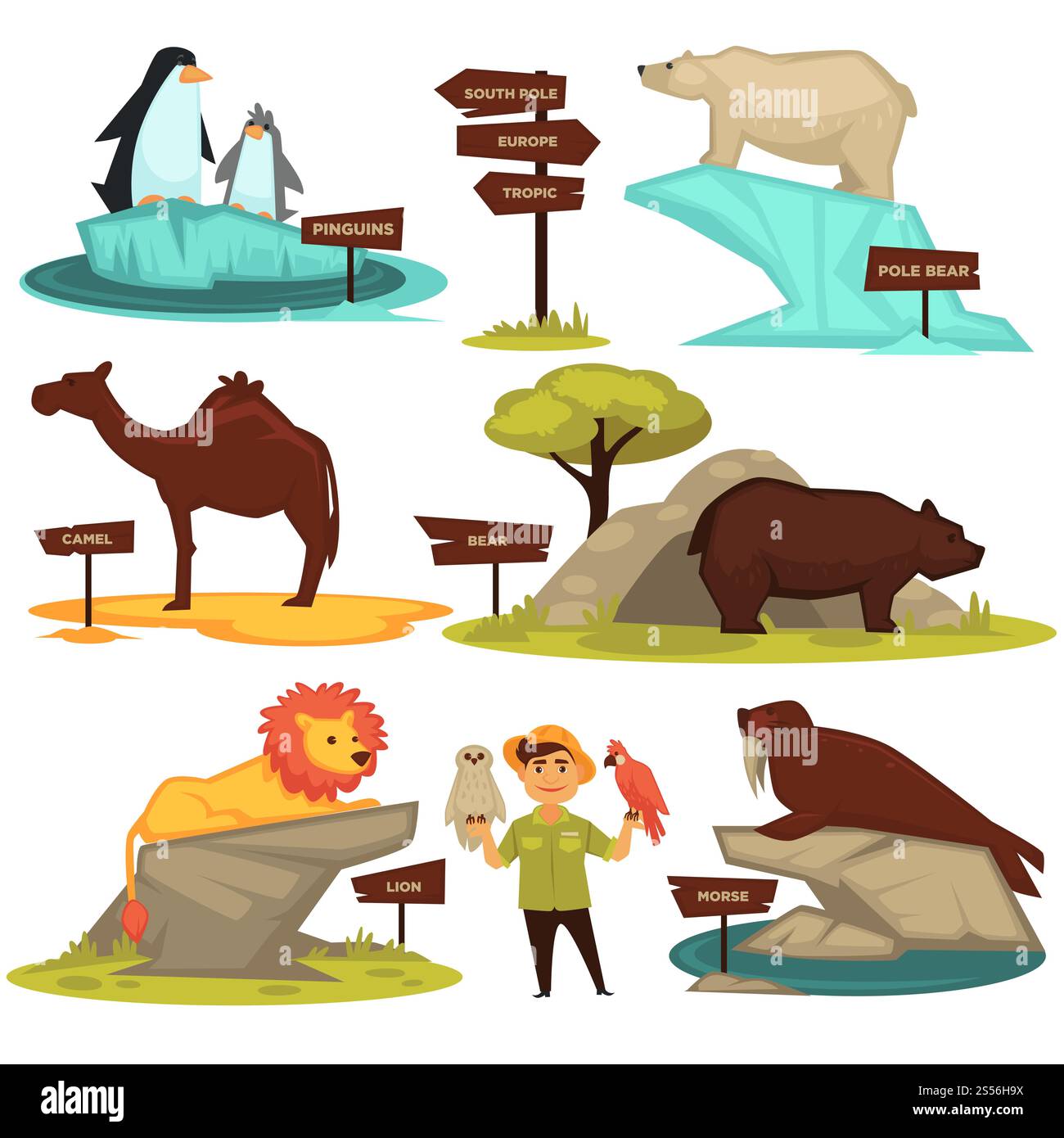 Zoo animals names and direction signs vector cartoon infographic guide ...