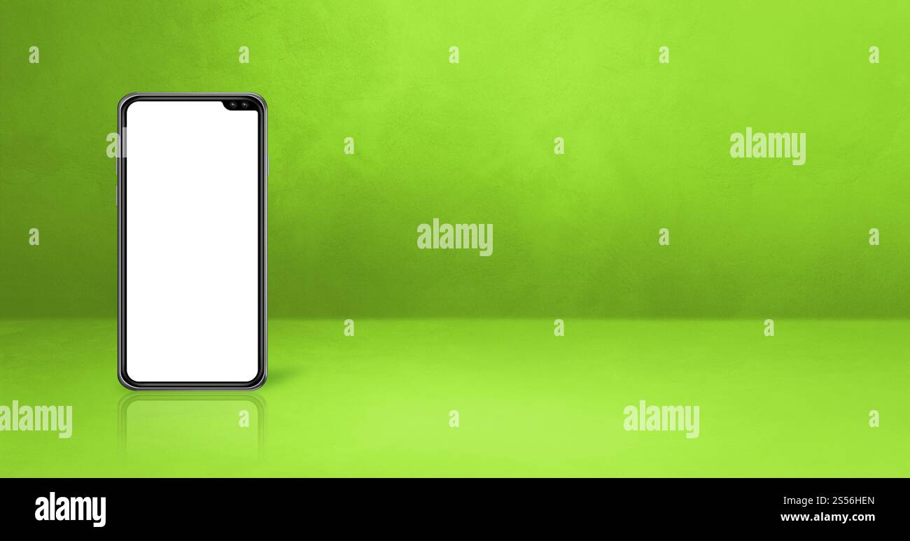 Mobile phone on green office desk. Horizontal background banner. 3D ...