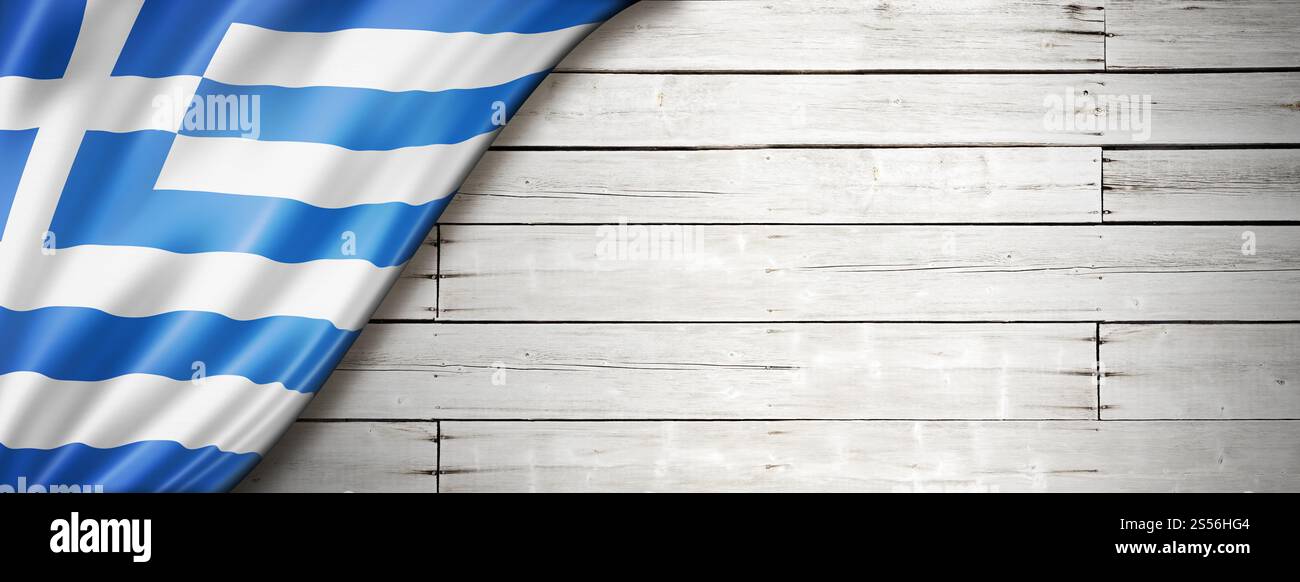 Greece flag on old white wall. Horizontal panoramic banner. Greek flag ...