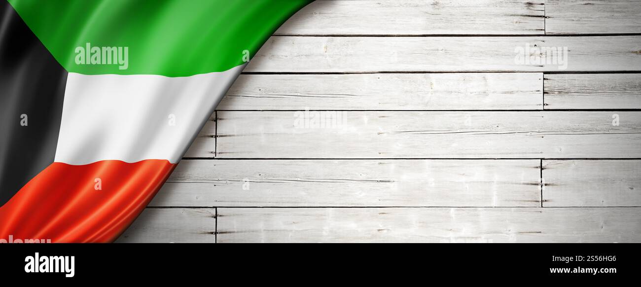 Kuwait flag on old white wall. Horizontal panoramic banner. Kuwaiti ...