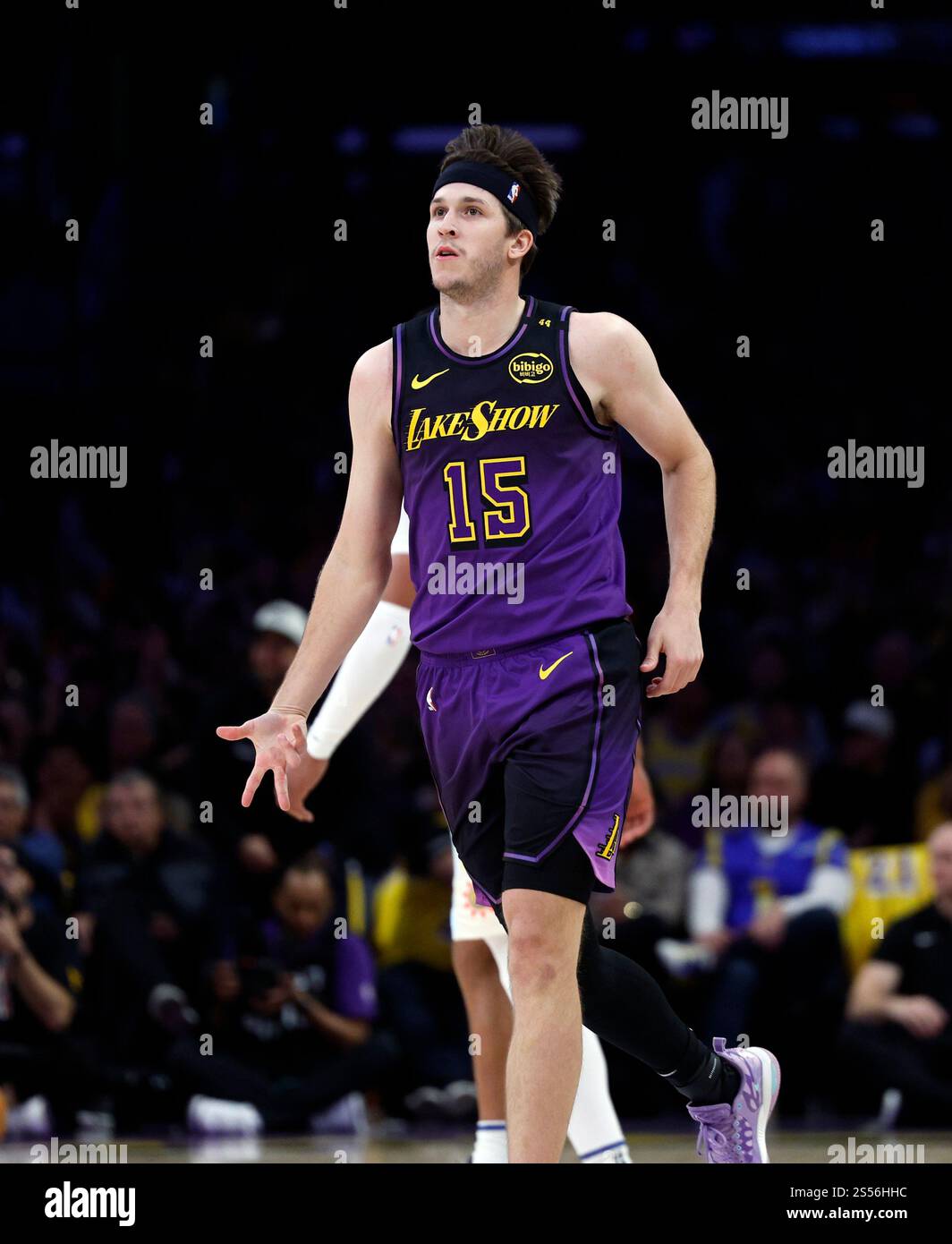 Los Angeles Lakers guard Austin Reaves celebrates after scoring a 3 ...