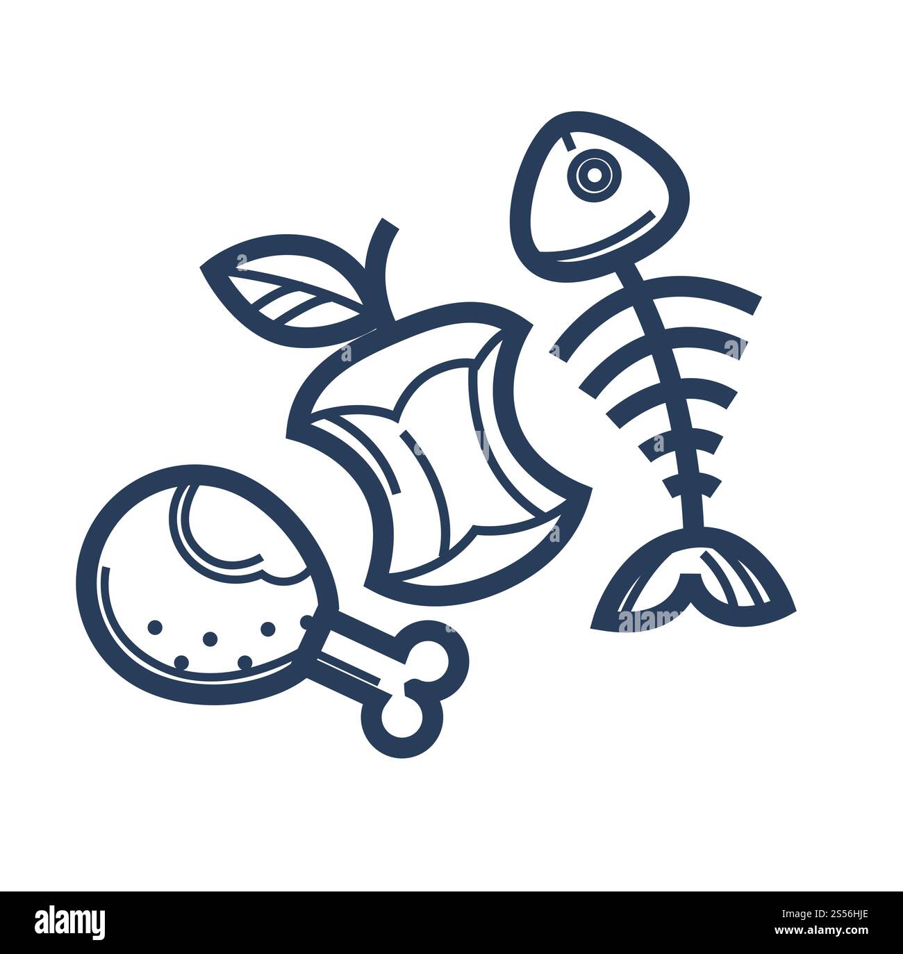 Food remnants as organic garbage sketches. Bitten chicken leg, ripe ...