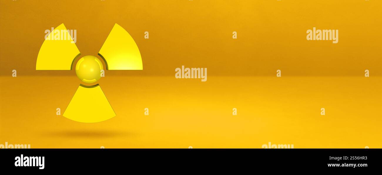Radioactive symbol isolated on a yellow studio background banner. 3D ...