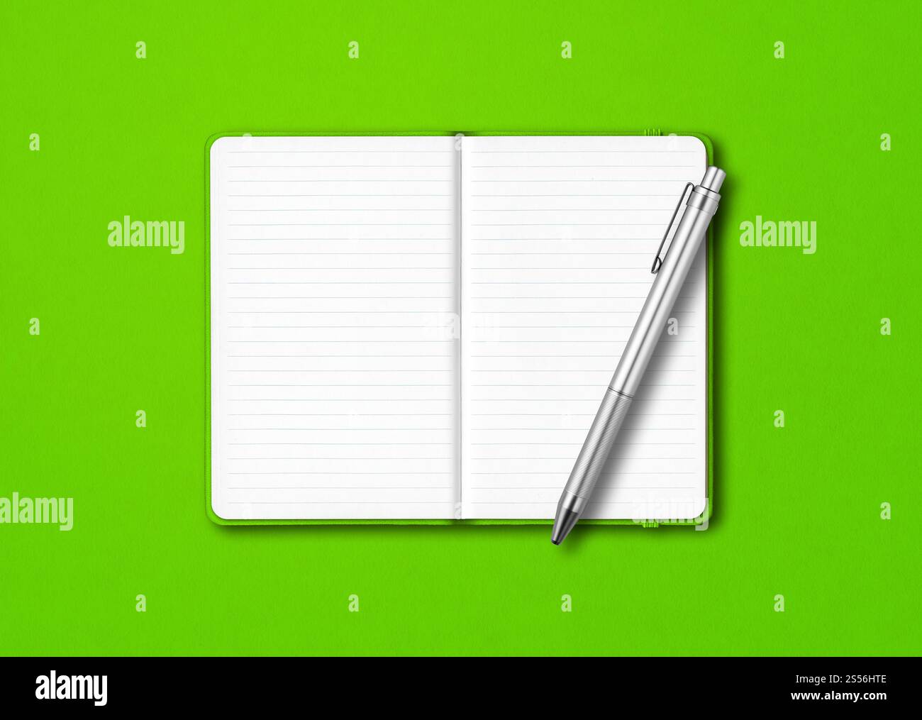 Green open lined notebook mockup with a pen isolated on colorful ...