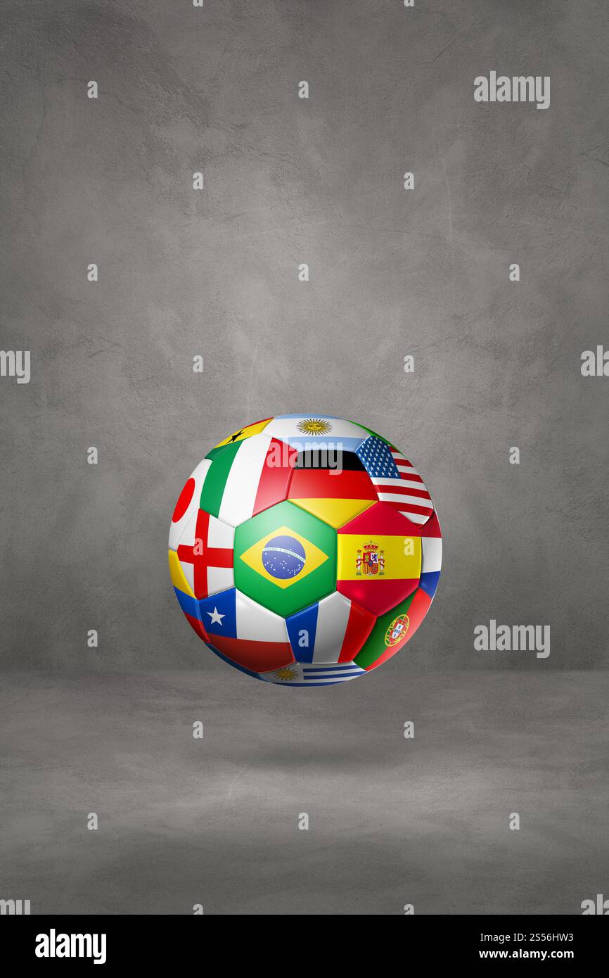 Football soccer ball with national flags isolated on a concrete studio ...