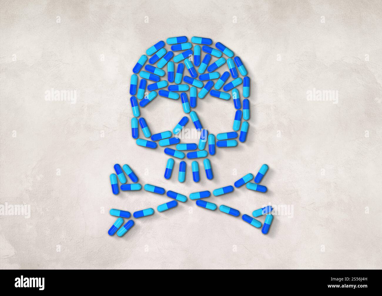 Skull made of blue capsule pills isolated on white concrete background ...