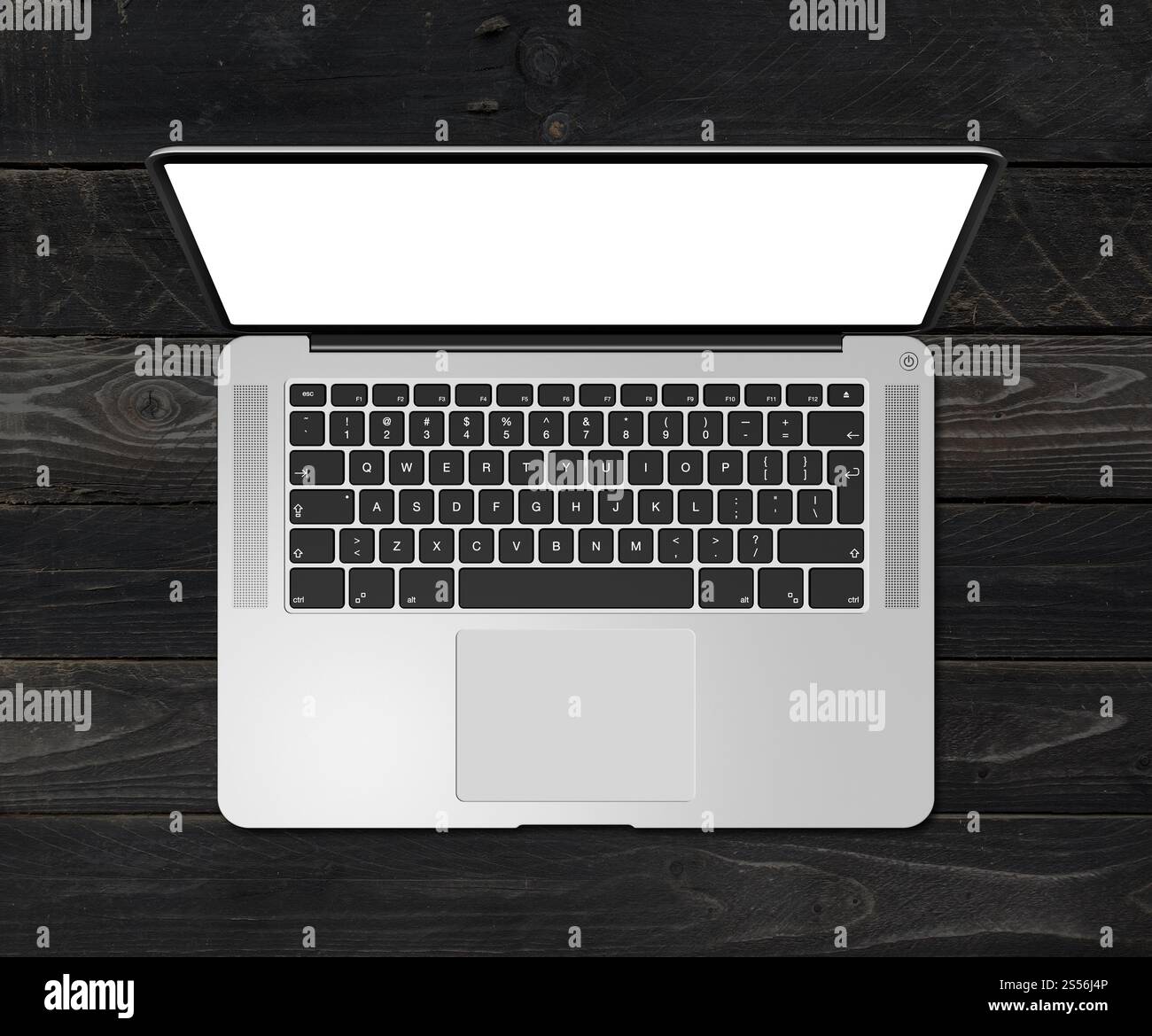 Open laptop top view with blank screen, isolated on black wood ...