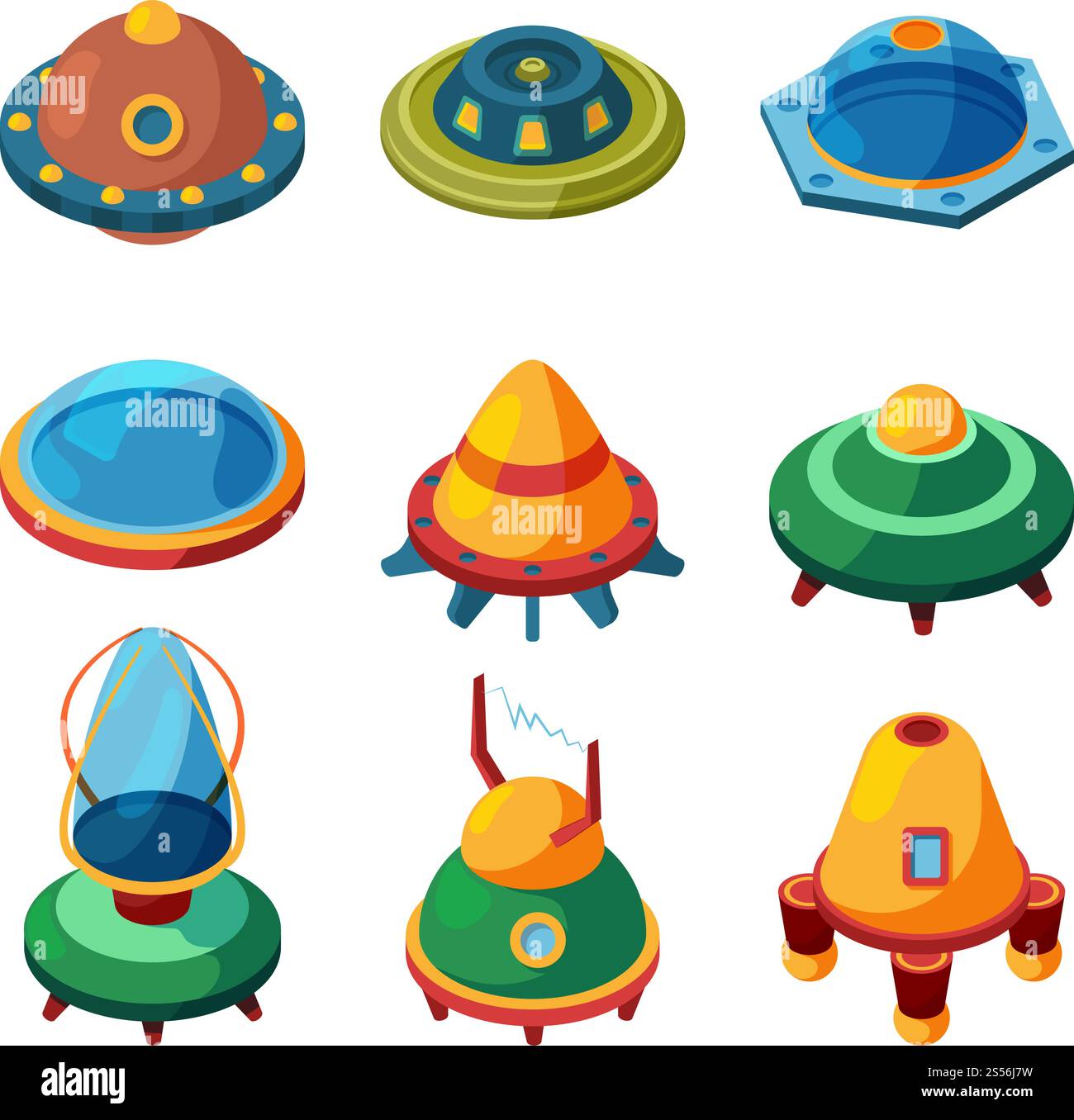 UFO and aliens isometric. Vector space plates isolate. Spaceship ufo ...