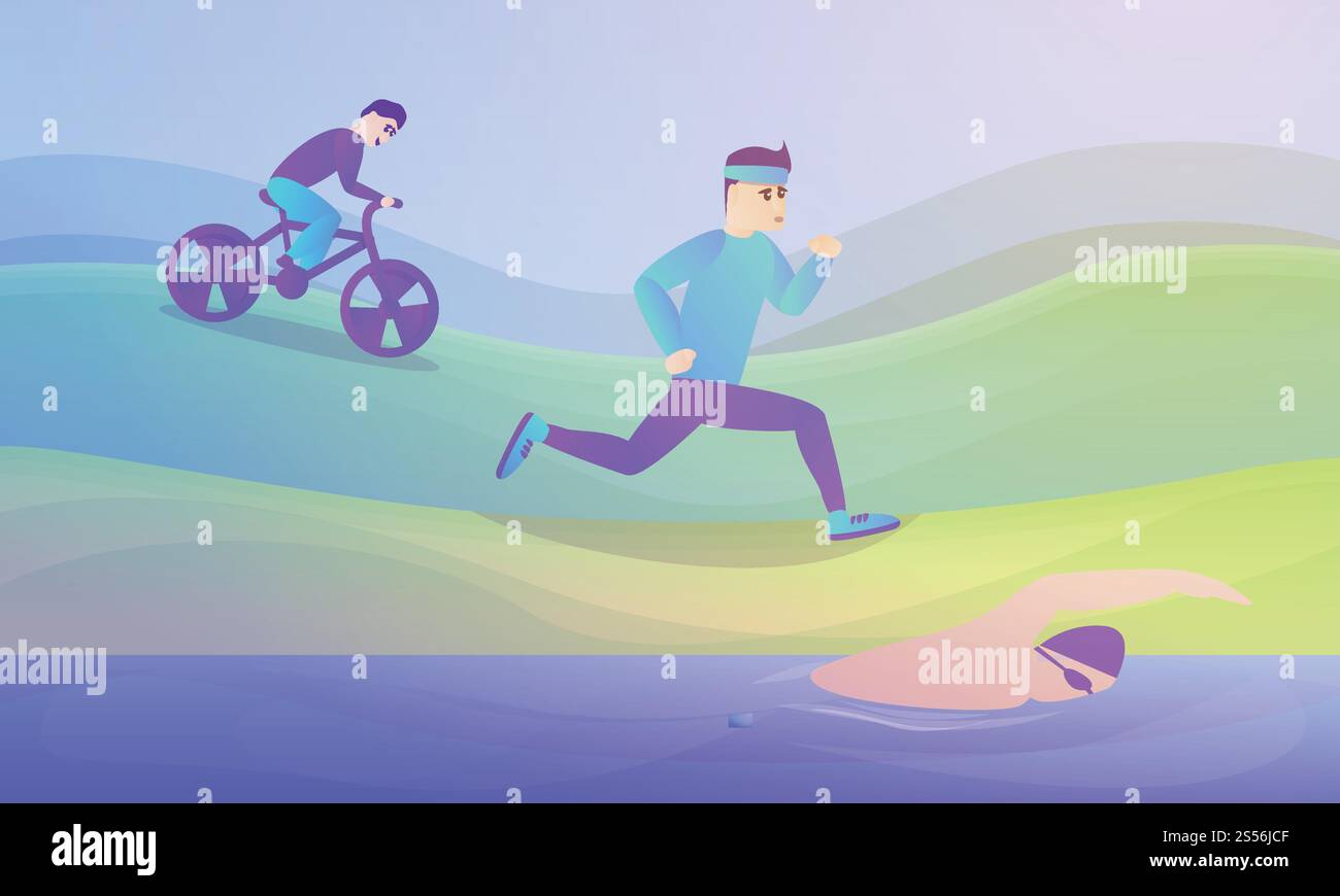 Modern triathlon concept banner. Cartoon illustration of modern ...