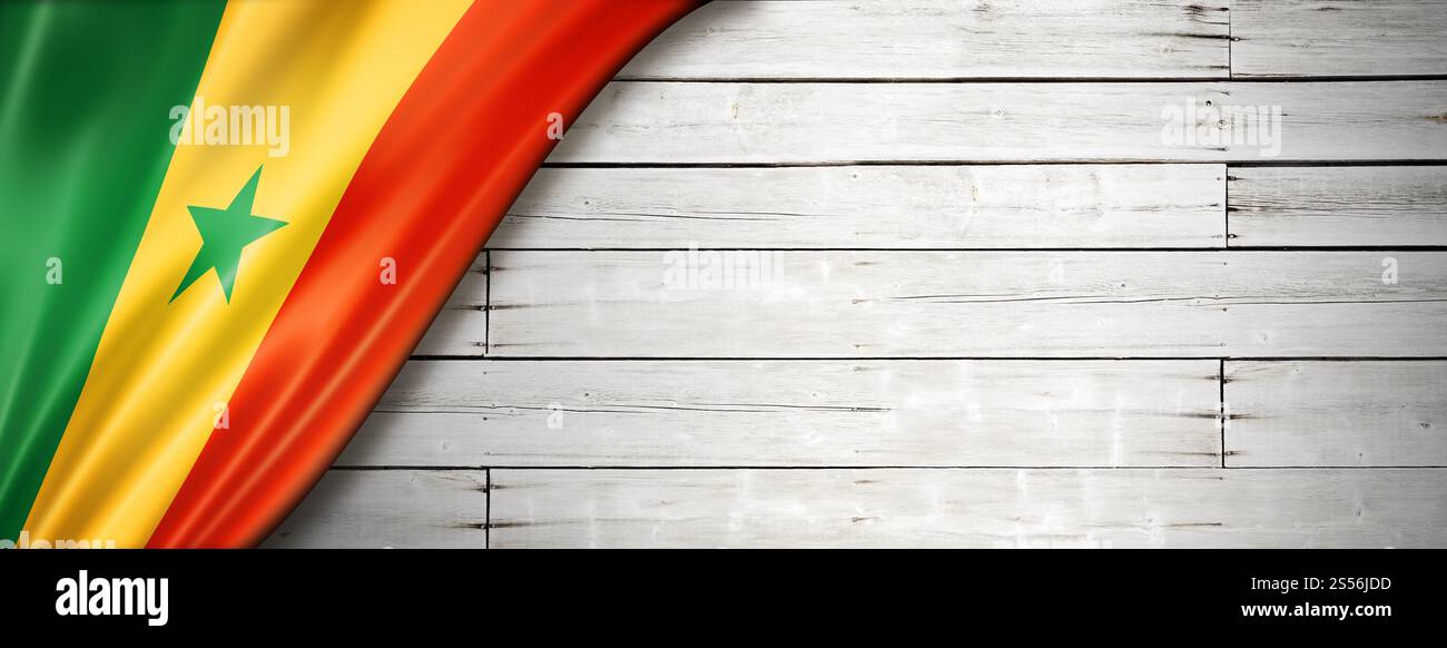 Senegal flag on old white wall. Horizontal panoramic banner. Senegalese ...