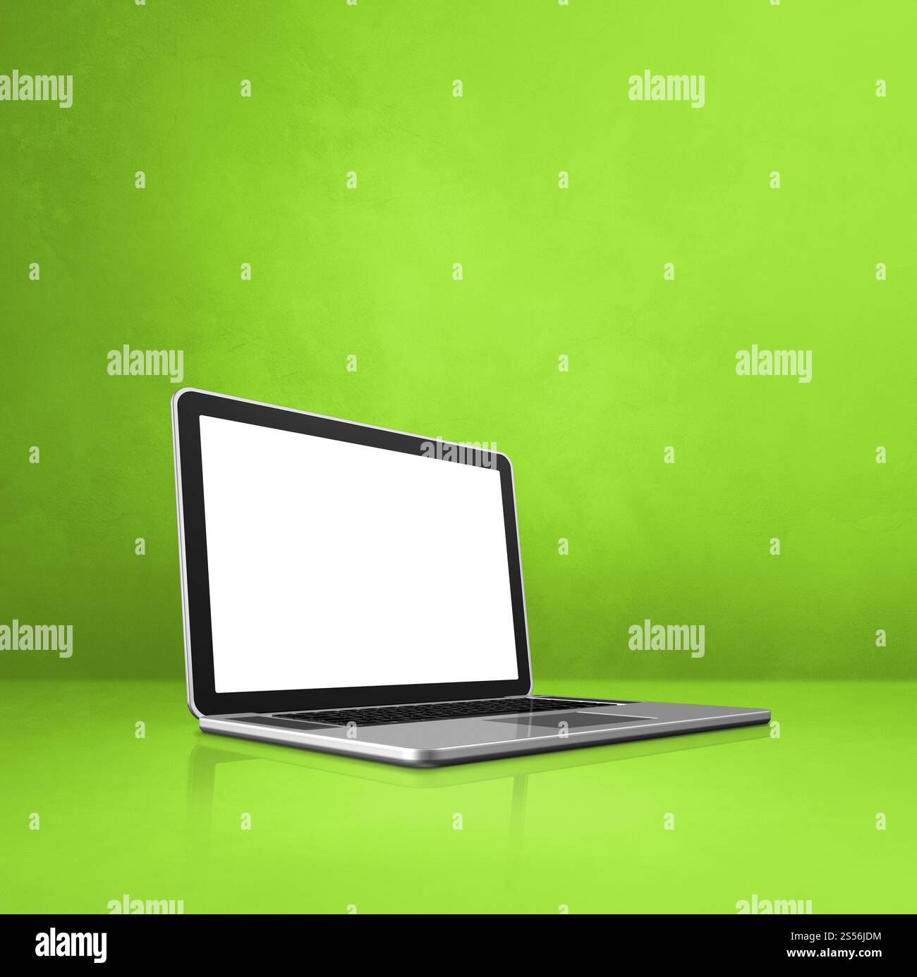 Laptop computer on green office scene background. 3D Illustration ...