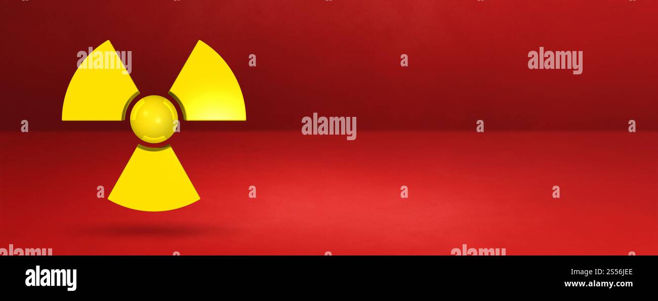 Radioactive symbol isolated on a red studio background banner. 3D ...
