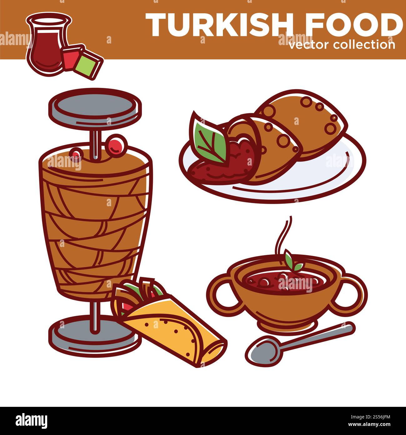 Turkish food dishes collection icons of traditional Turkey cuisine ...