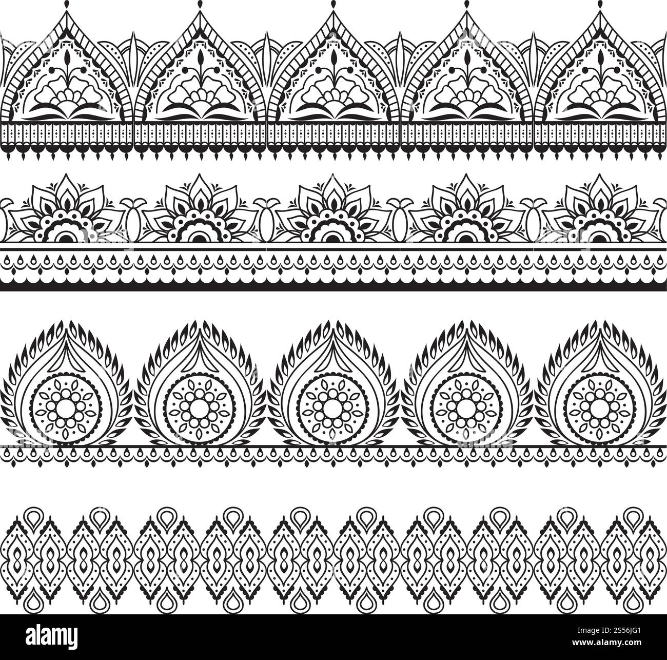 Mehndi seamless borders. Henna oriental patterns. Indian floral vector ...