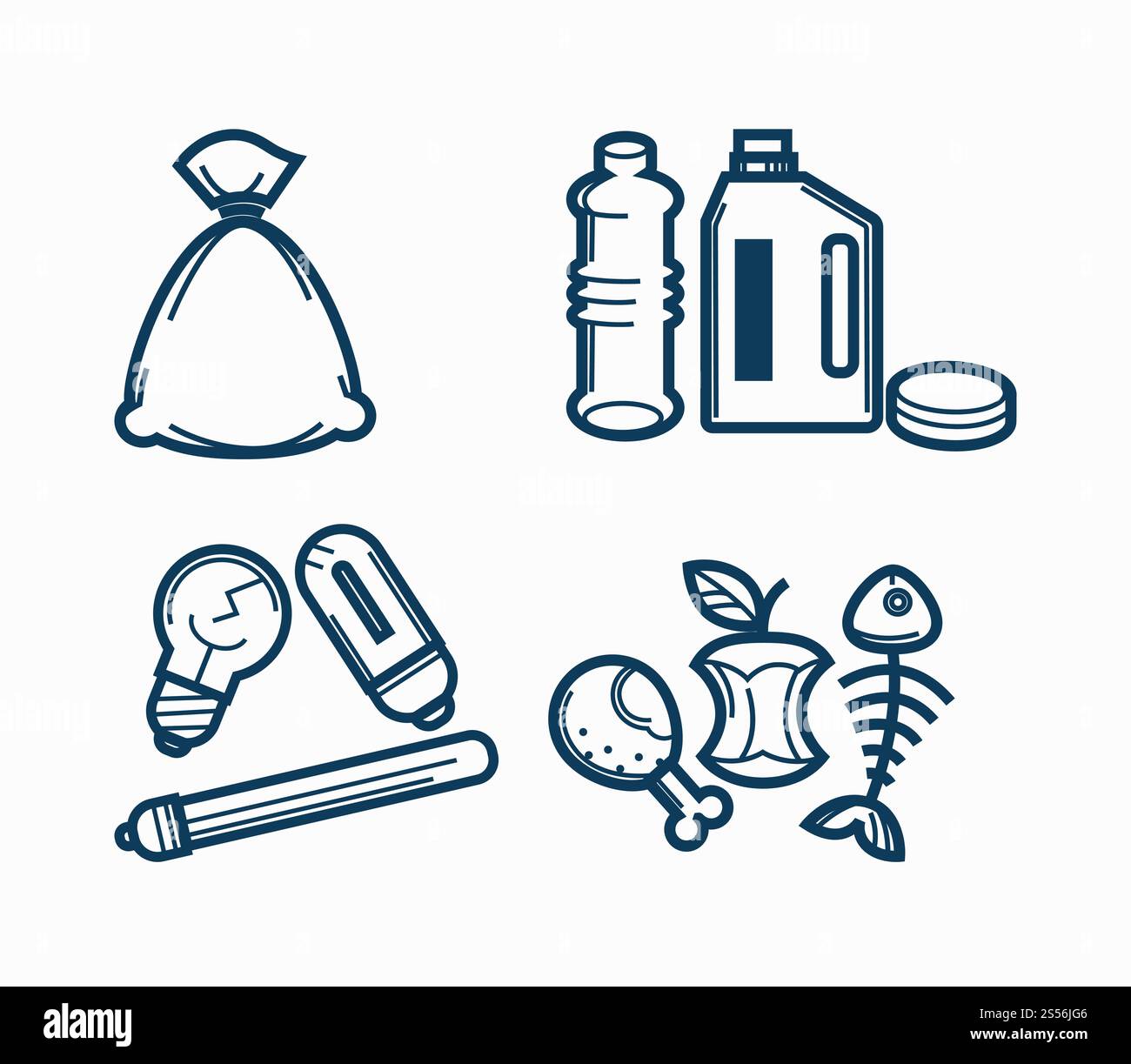 Garbage or wastes trash line icons set. Vector domestic food litter ...