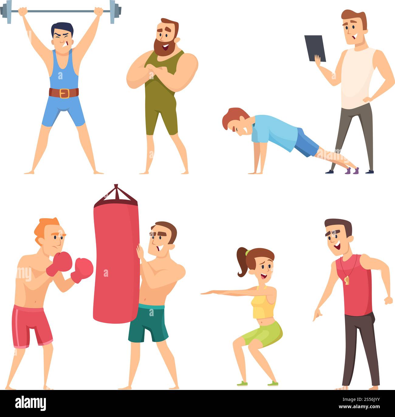 Personal trainer in gym. Vector set characters. Gym workout, trainer fitness and instructor ...
