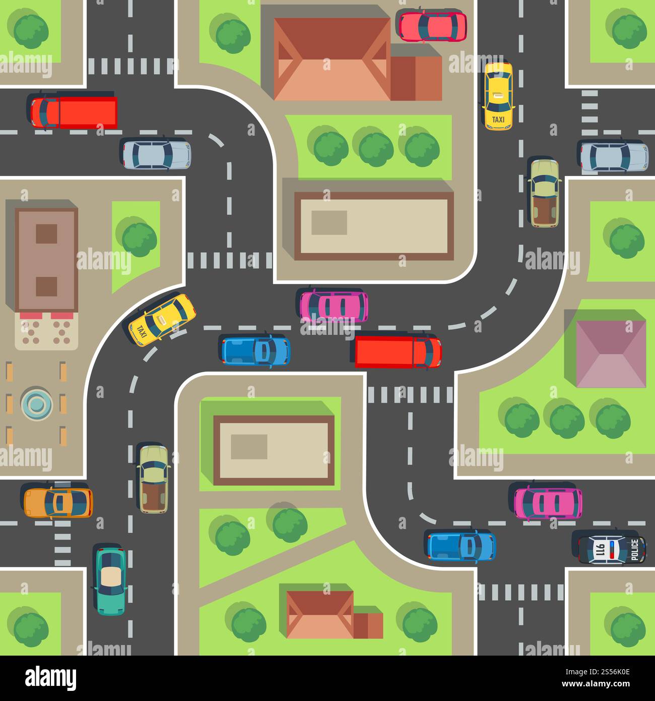 Seamless city map. Top view building and street with cars and trucks ...