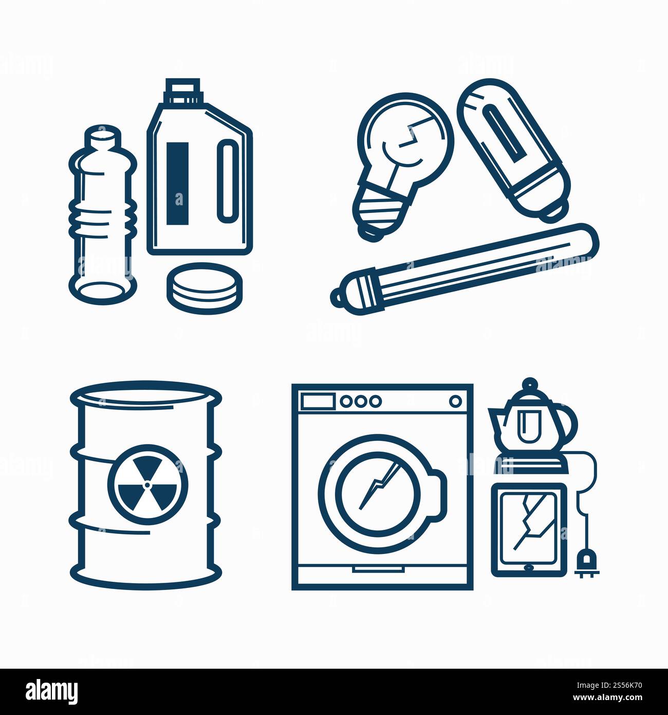 Garbage or wastes trash line icons set. Vector domestic electronic ...
