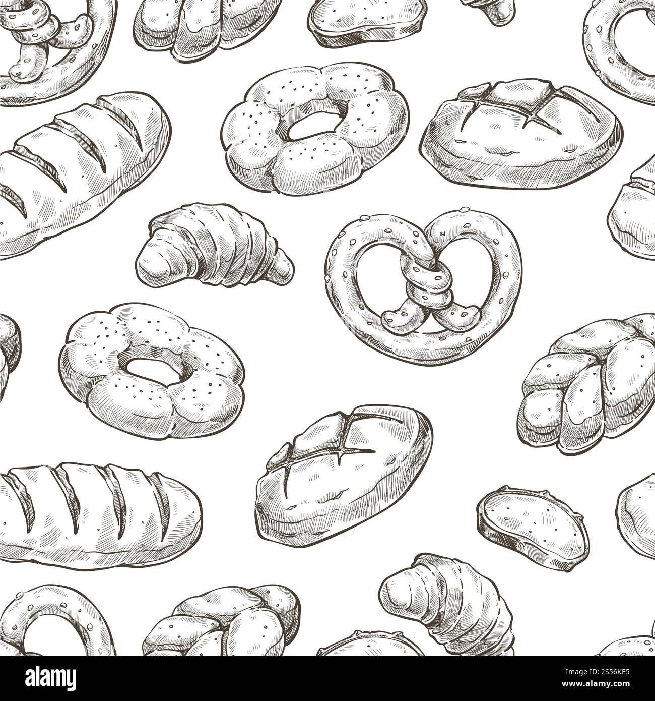 Baked products seamless pattern. Loaf of sweet bread, buns and pretzels ...
