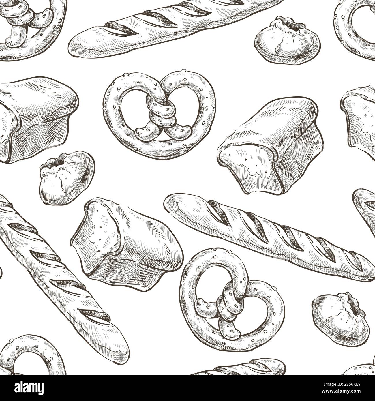 Assortment of baked products, loaf of bread, french baguette, buns and ...