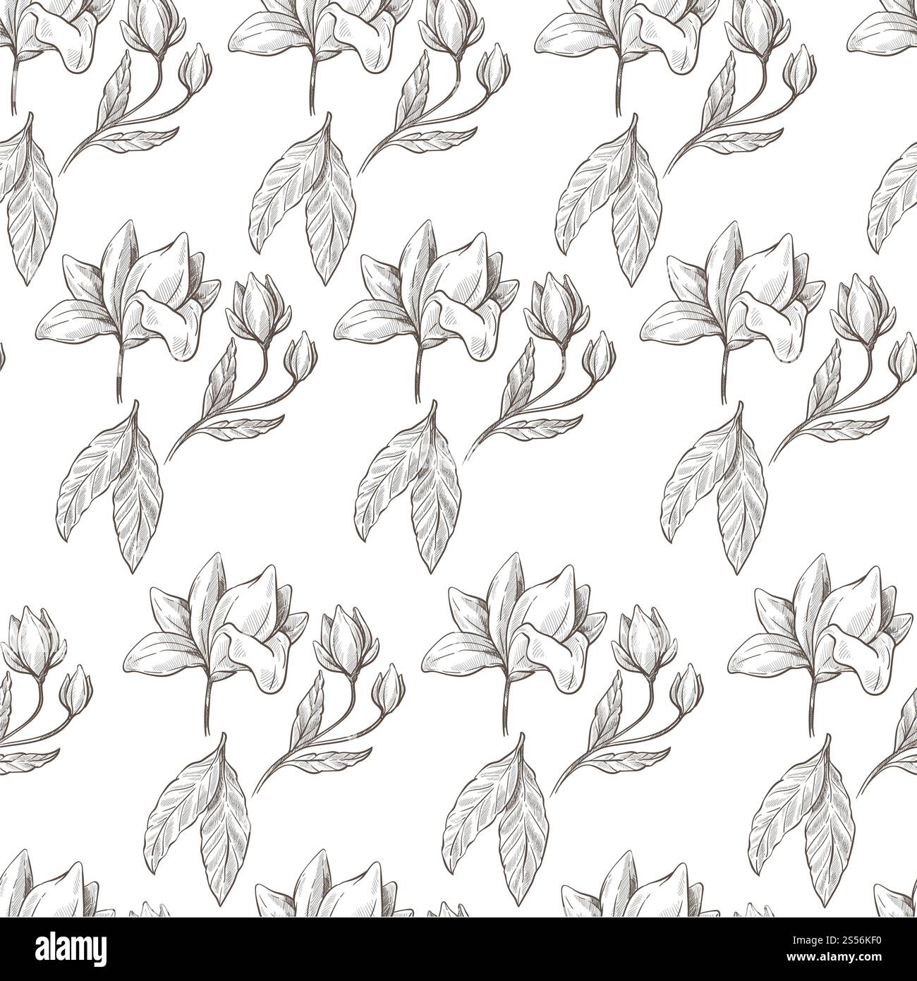 Flower on stem with foliage seamless pattern. Monochrome sketch outline ...