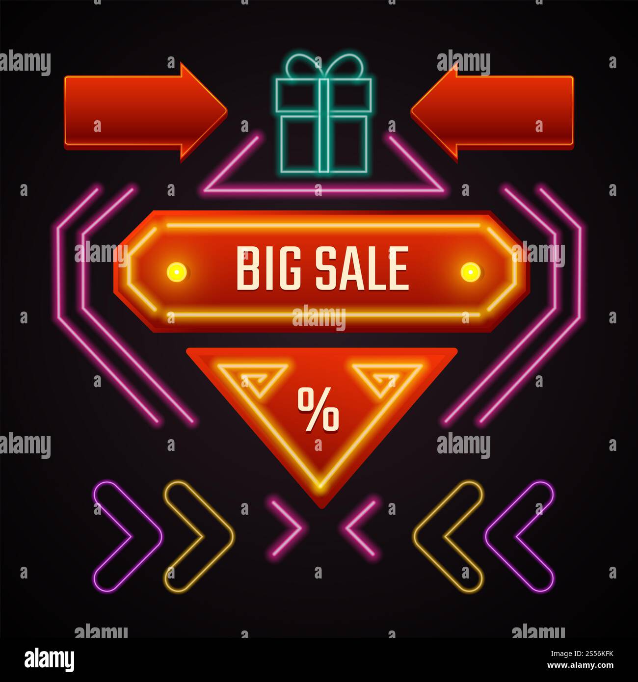 Promotional banner with neon signboard and present. Sale and discounts ...