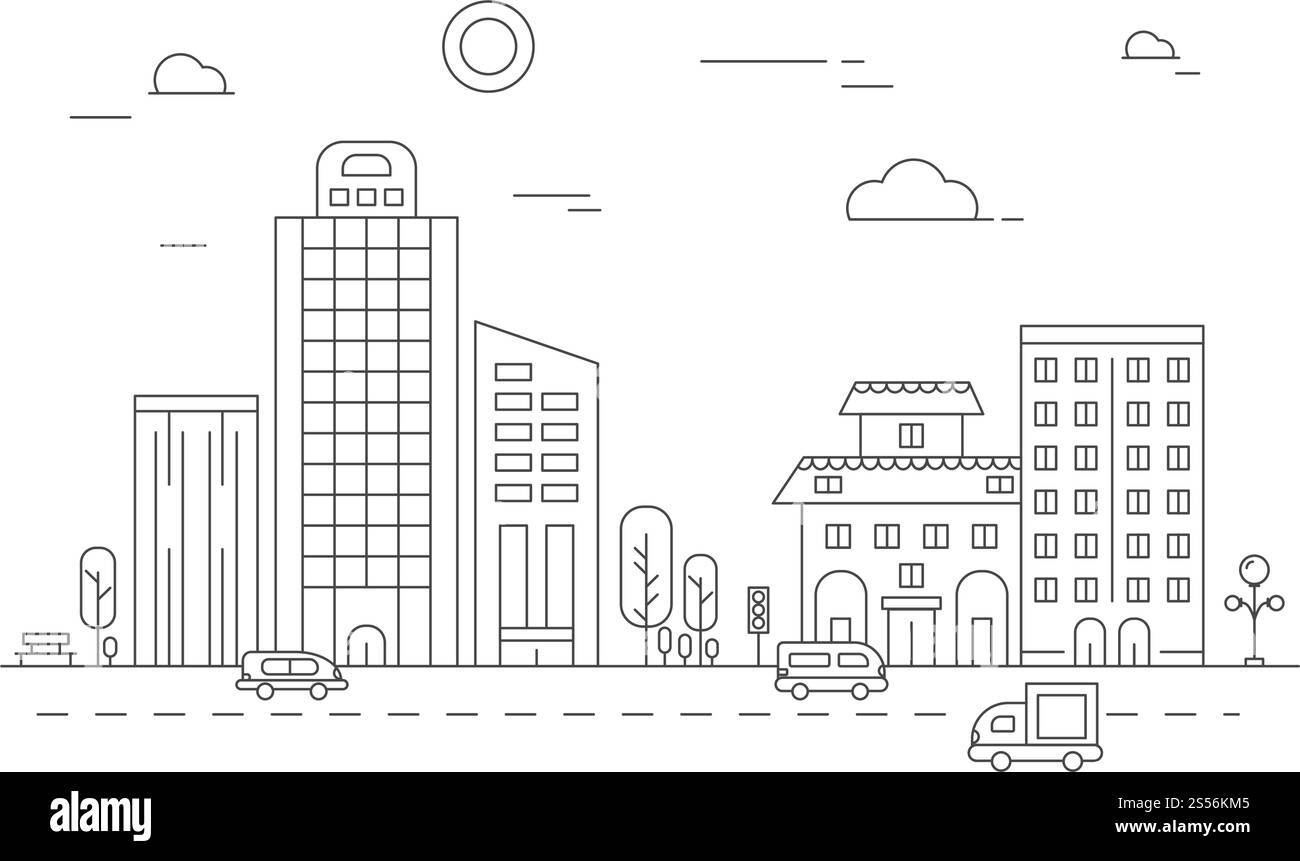 Urban landscape. Vector linear pictures of various city buildings. City ...