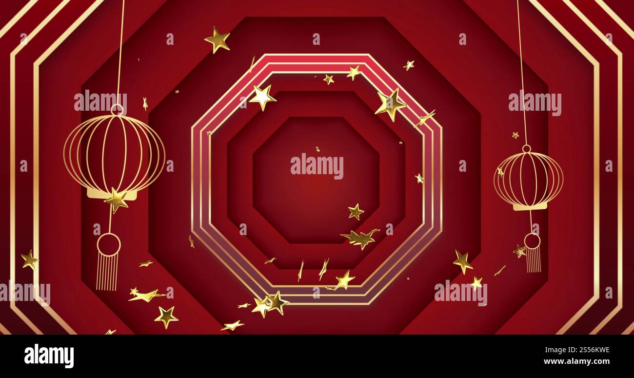 Image of chinese traditional decorations and stars on red background ...